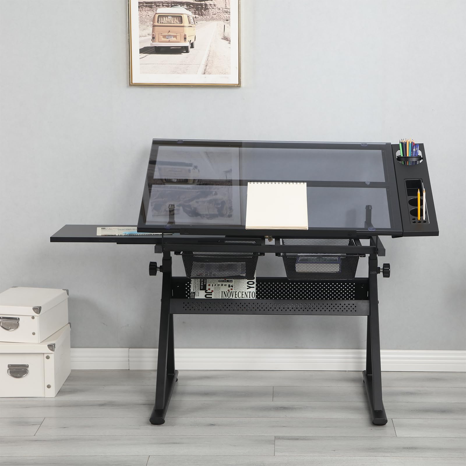 Gee Wuo Black Drawing Table, Modern Design Adjustable Tempered Glass Drawing and Printing Table with 2 Storage Drawers and Chair, Suitable for Office School, Artist
