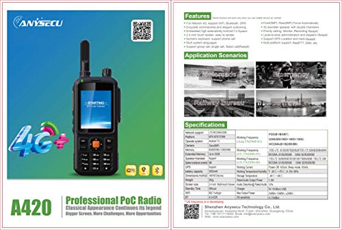 ANYSECU A420 LTE 4G POC PTT Network Radio Dual Sim Card WiFi Radio Unlocked GSM Compatible with Zello Real PTT