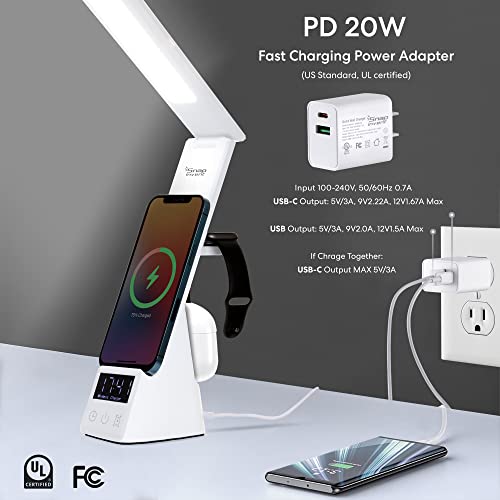 Fast Wireless Charge LED Table Lamp Cell Phone Induction 20W Charging Apple Products - Dock Station for iPhone, Apple Watch AirPods USB-C Desk & Bedside Organizer Station Light & Stand Clock Alarm