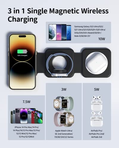 3 in 1 Foldable Wireless Charger, JoyGeek Magnetic Wireless Charging Pad, Mag-Safe Wireless Charging Station for iPhone 14/13/12/11 Series, Apple Watch, AirPods (QC 24W Adapter Included)
