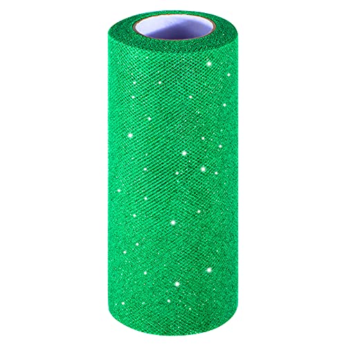 Outus Sparkling Christmas Glitter Tulle Roll Sparkling Tulle Ribbon 6 Inches by 25 Yards for Xmas Holiday Wedding Gift Wrapping Tutu Skirt, Birthday Baby Shower Party Decoration(Green)