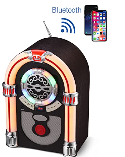 UEME Retro Tabletop Jukebox with Bluetooth, FM Radio, AUX-in Port and Color Changing LED Lights