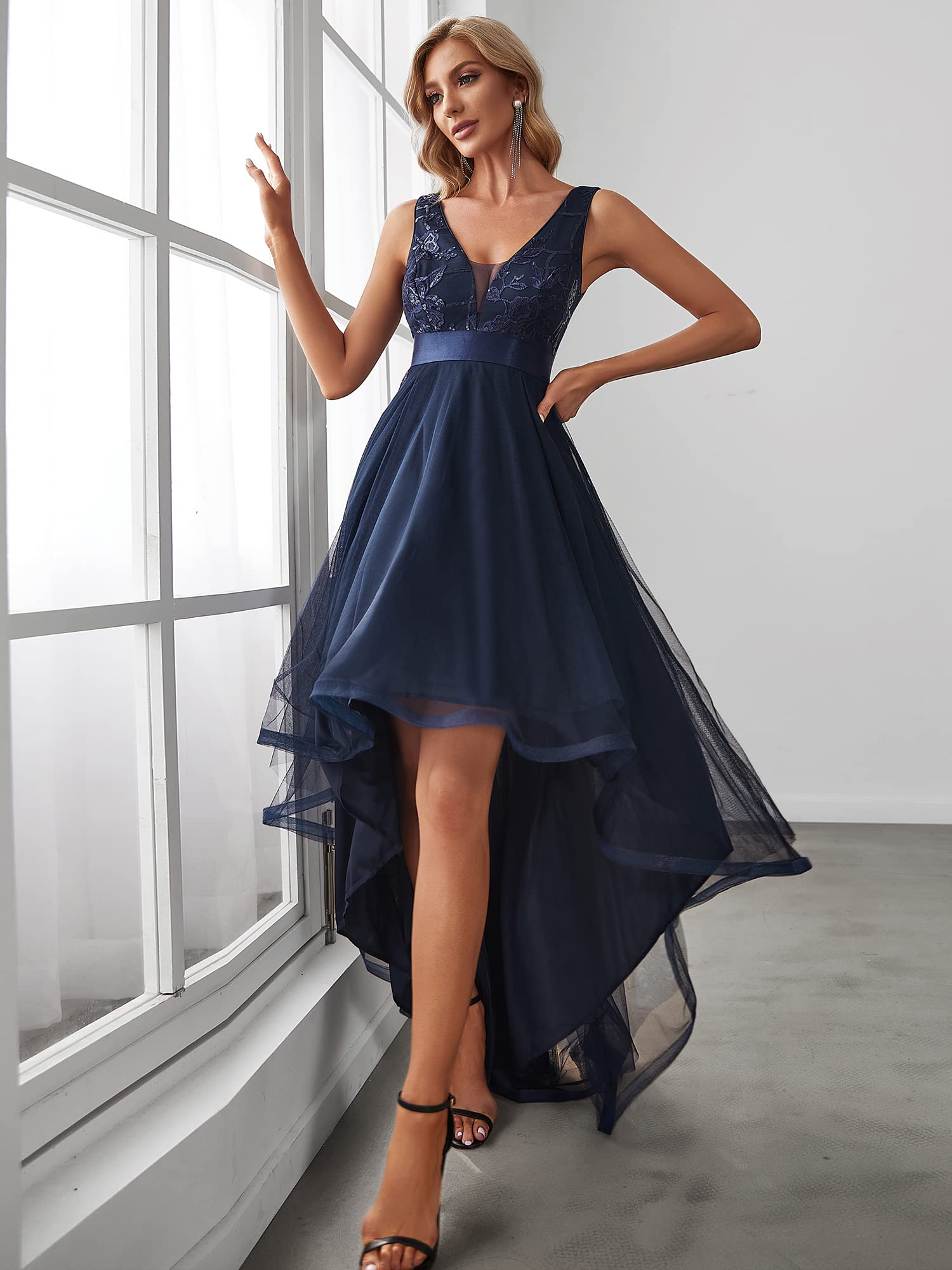 Ever-Pretty Women's Lace Maxi Wedding Party Gowns Tulle Evening Party Gowns Navy Blue US16