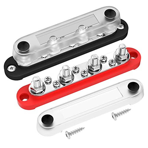 DAIERTEK Bus Bar Terminal Block 4 x 5/16" (M8) Terminal Stud, 6 x #8 (M4) Screw Terminal Positive & Ground Power Distribution Block with Cover Marine Bus Bar 12V - 48V for Automotive Car Boat