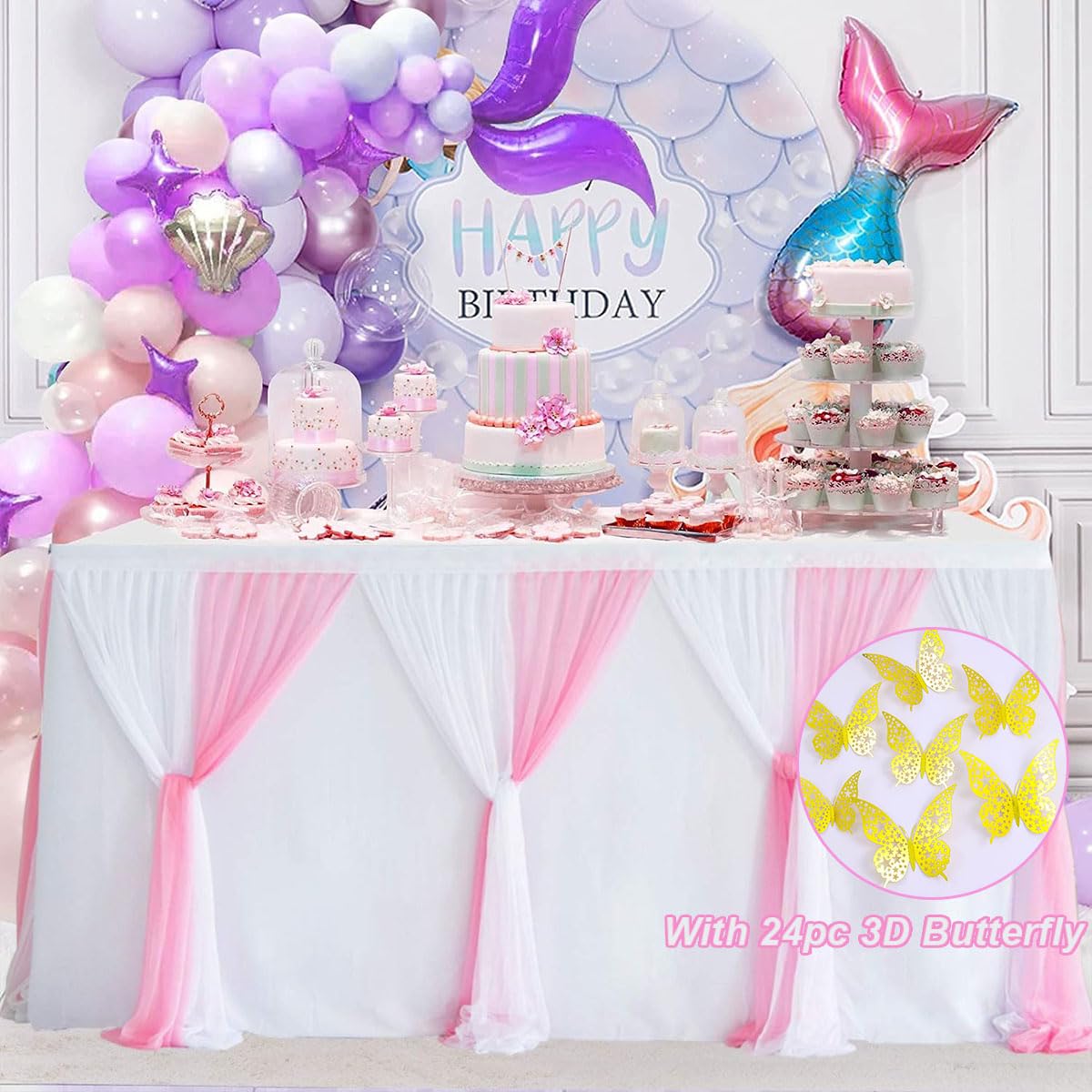 Albassa Table Skirts for Rectangle or Round Tables Pink Tulle TableCloth with 3D Butterfly for Princess Baby Shower Birthday Party Decorations（9ft*H 30in,Pink)