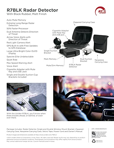 Uniden R7 Extreme Long Range Laser/Radar Detector, Built-in GPS w/Real-Time Alerts, Dual-Antennas Front & Rear w/Directional Arrows, Voice Alerts, Red Light and Speed Camera Alerts - Matte Black