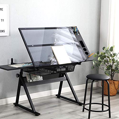 EESHHA Drawing Table Glass Drafting Table, Height Adjustable Drawing Desk with Stool, Tiltable Desk Art Table, Tempered Glass Top Painting Desk, Writing Table with 2 Drawers Beautiful Scenery