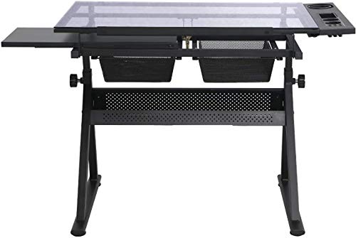 EESHHA Drawing Table Glass Drafting Table, Height Adjustable Drawing Desk with Stool, Tiltable Desk Art Table, Tempered Glass Top Painting Desk, Writing Table with 2 Drawers Beautiful Scenery