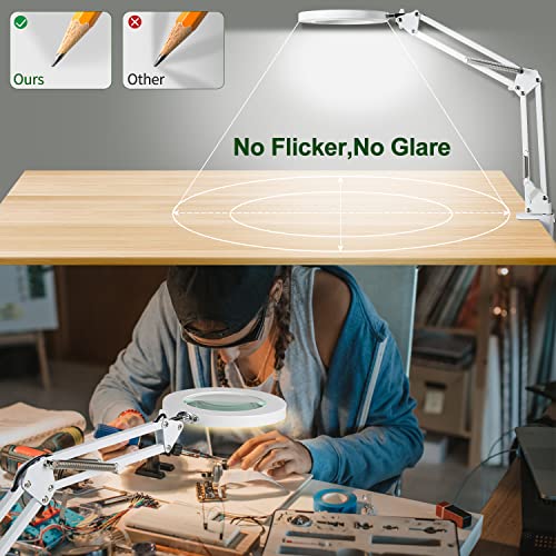 Qsky Magnifying Glass with Light and Stand, 10X Magnifying Lamp, 2-in-1 Desk Lamp with Clamp,3 Color Modes & Stepless Dimmable, LED Lighted Magnifier for Reading, Crafts, Repair, Close Work (White)