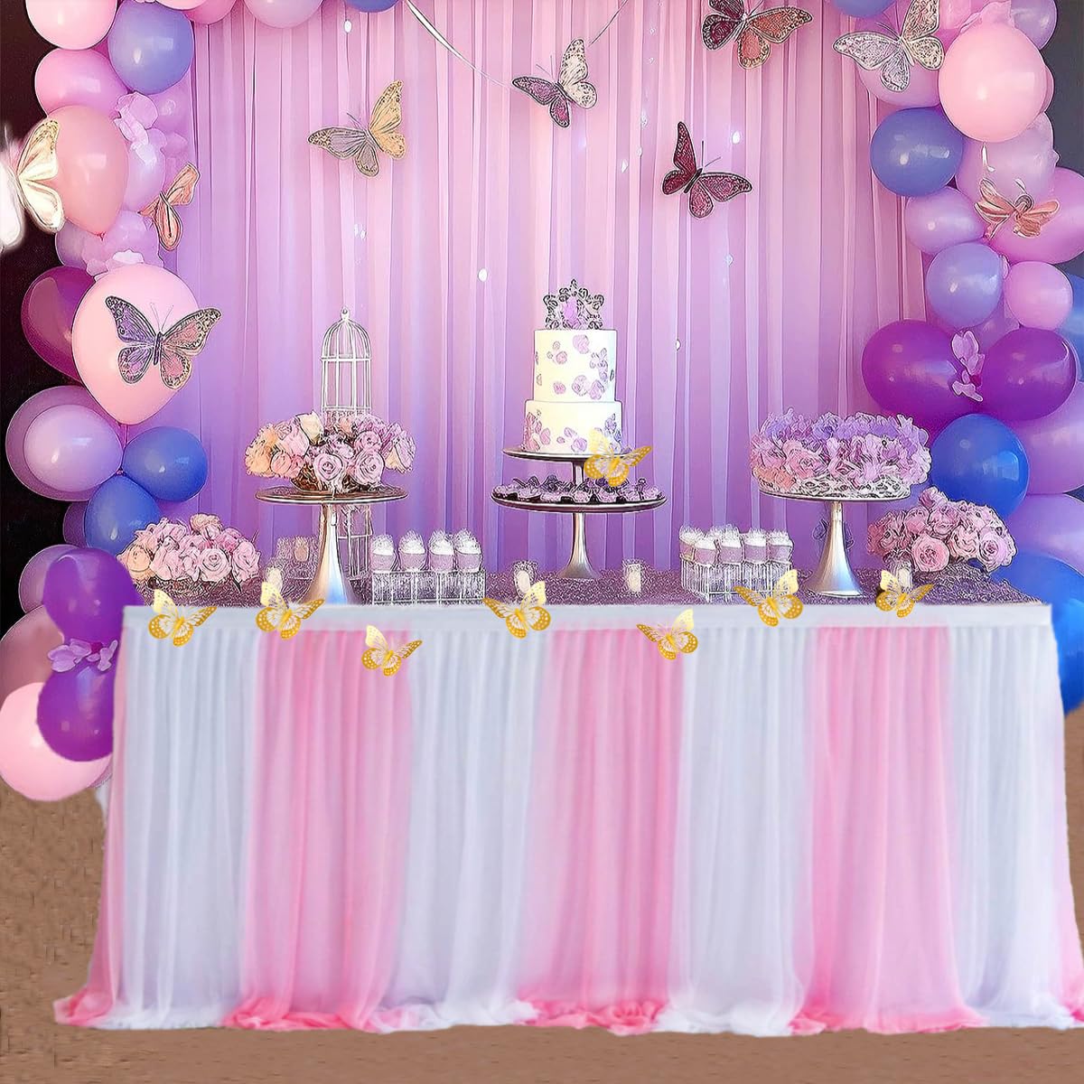 Albassa Table Skirts for Rectangle or Round Tables Pink Tulle TableCloth with 3D Butterfly for Princess Baby Shower Birthday Party Decorations(9ft*H 30in,Pink)