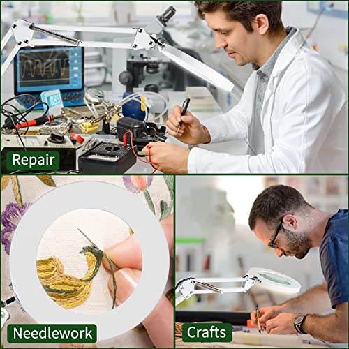 Qsky Magnifying Glass with Light and Stand, 10X Magnifying Lamp, 2-in-1 Desk Lamp with Clamp,3 Color Modes & Stepless Dimmable, LED Lighted Magnifier for Reading, Crafts, Repair, Close Work (White)