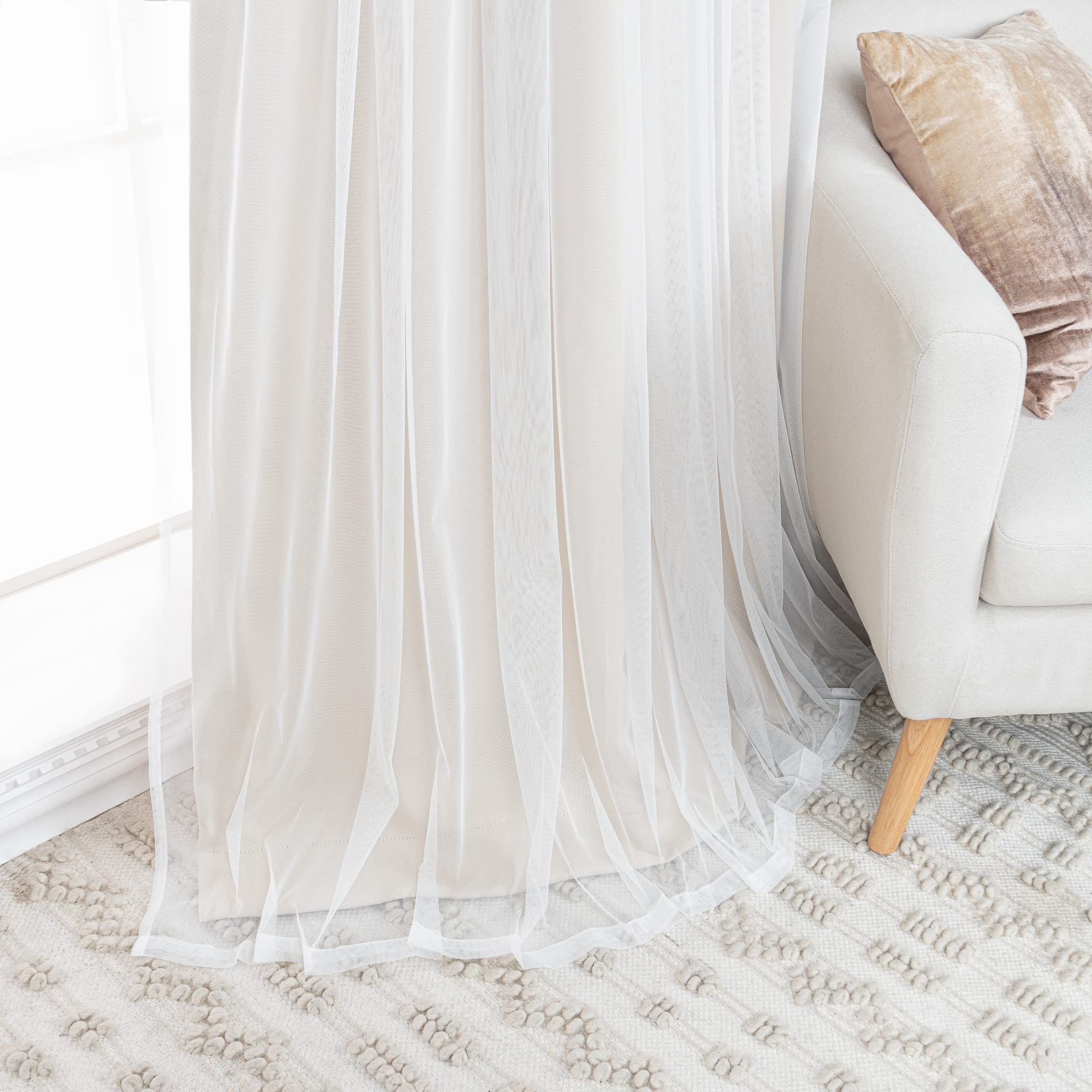 Best Home Fashion Lace Tulle Overlay Thermal Insulated Solid Blackouts - Rod Pocket - Set of 2 Panels - 52" W x 96" L - Beige