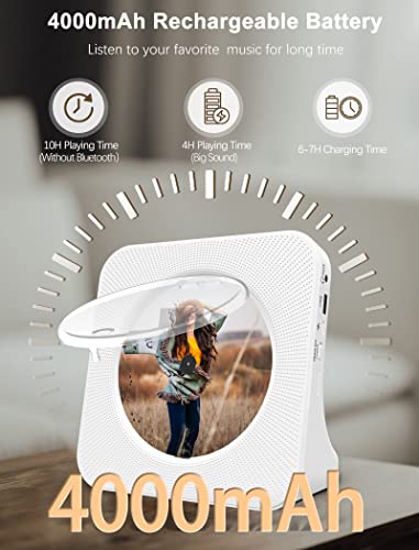 4000mAh Rechargeable Portable CD Player:Kpop Music Player with Bluetooth HiFi Speaker,Remote Control,LCD Display,Sleep Timer,Headphone Jack, Supports CD/Bluetooth/FM Radio/U-Disk/AUX
