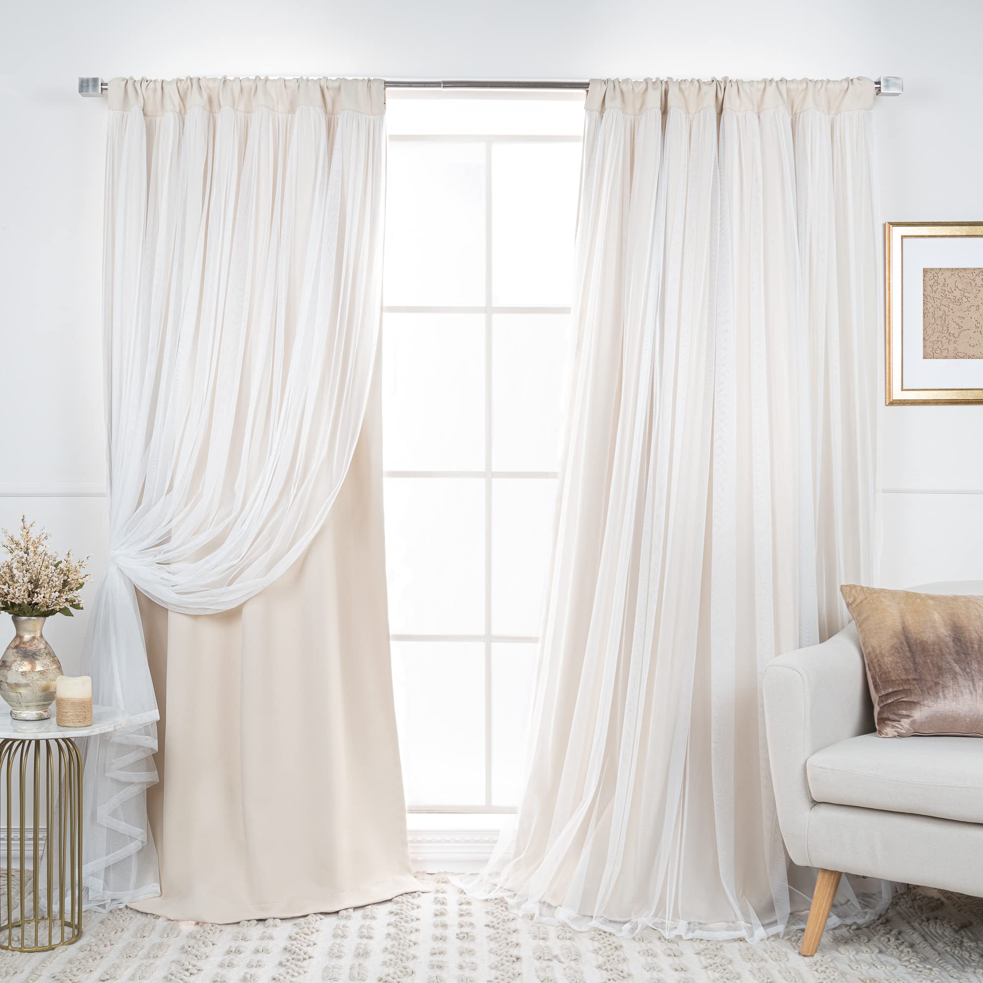 Best Home Fashion Lace Tulle Overlay Thermal Insulated Solid Blackouts - Rod Pocket - Set of 2 Panels - 52" W x 96" L - Beige