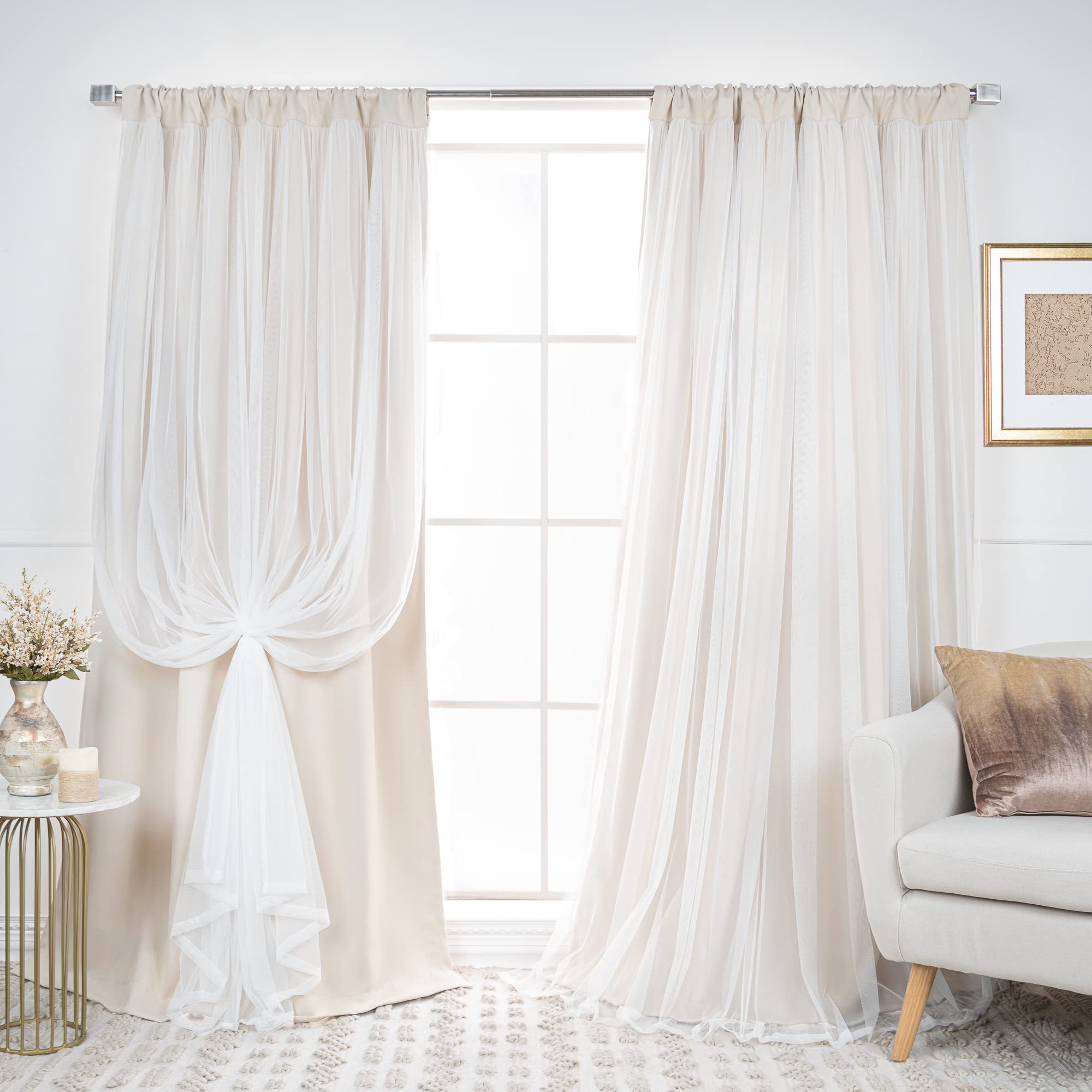 Best Home Fashion Lace Tulle Overlay Thermal Insulated Solid Blackouts - Rod Pocket - Set of 2 Panels - 52" W x 96" L - Beige