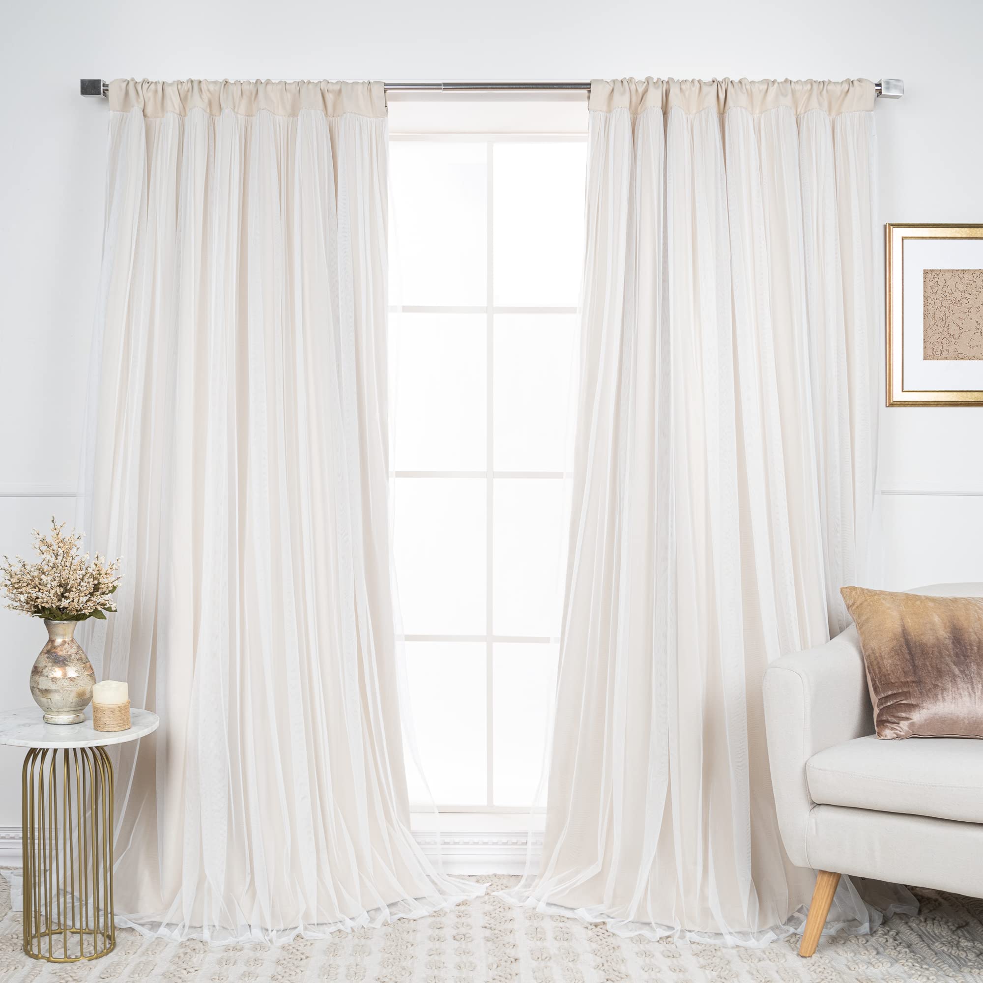 Best Home Fashion Lace Tulle Overlay Thermal Insulated Solid Blackouts - Rod Pocket - Set of 2 Panels - 52" W x 96" L - Beige