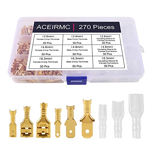 ACEIRMC 270Pcs Assortment Kit Quick Splice Male and Female Wire Spade 2.8/4.8/6.3mm Connector Crimp Terminal Block with Insulating Sleeve for Electrical Wiring Car Audio Speaker (Gold)