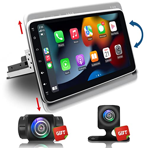 Adjustable Android 10 Car Stereo Wireless CarPlay & Wired Android Auto Single Din 10 Inch Car Radio with Front Camera & Backup Camera - Live Stream Rear View, 2G+32G GPS Navigation Bluetooth AM/FM