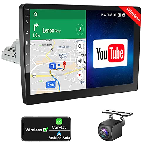 Single Din Touchscreen Car Stereo - 10 Inch QLED Android Car Radio, Detachable Head Unit Audio Receiver with Wireless Carplay, Android Auto, Backup Camera, FM/AM Car Radio, Subwoofer 5.1 Channel