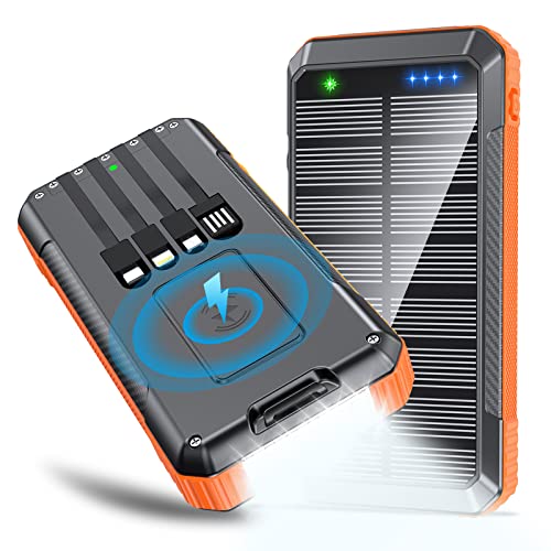 DJKK Solar Power Bank Wireless Charger 33800mAh Built in 4 Cables and LED Camping Lights 22.5W Fast Charging Power Bank 7 Outputs 4 Inputs Portable Charger Compatible with All Mobile Devices (Orange)