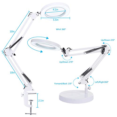 5X Magnifying Glass with Light and Stand, KIRKAS 2-in-1 Real Glass Lens Magnifying Desk Lamp with Clamp, 3 Color Modes, Stepless Dimmable Magnifier Light for Close Work Repair Reading Crafts- White