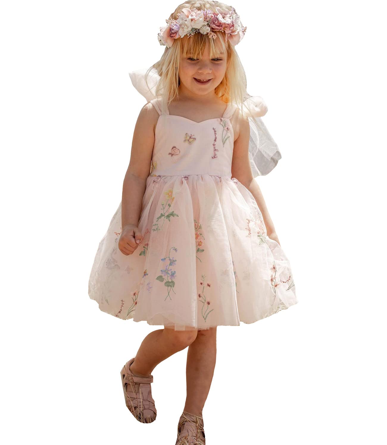 JISISANG Flower Girl Dresses for Wedding Toddler Short Floral Embroidered Tulle Bow-Knot Pageant Princess Boho Summer Swing Dress for Girls Kids Peach Pink 2