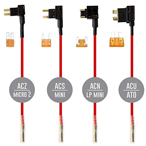15ft Micro USB & Mini USB Dash Cam &Type-C Hardwire Kit w. Mini(ACS)/LP Mini(ACN)/ATO(ATC or ACU)/Micro2(ACZ) Fuse, Micro to Mini/USB-C Port Adapters & 11.9V Real Battery Drain Protection