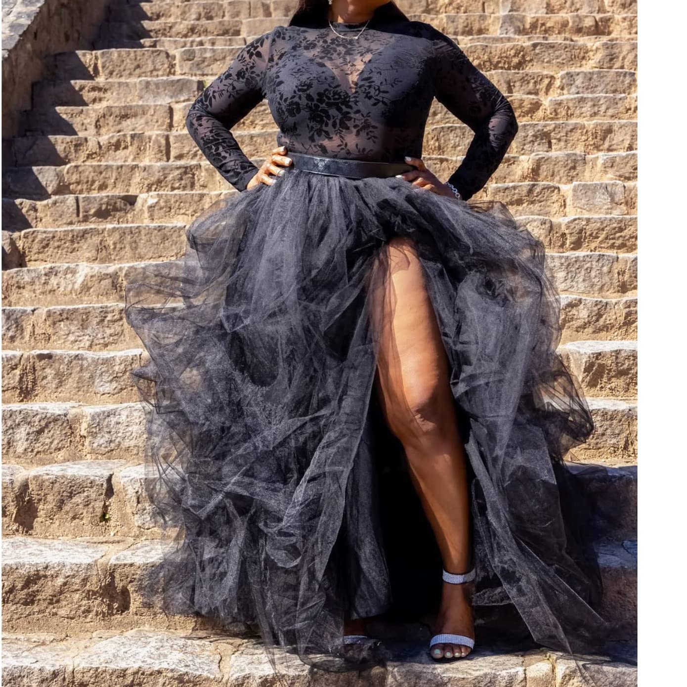 Lisong Women Maxi Tulle Floor Length Layered High Waist Special Occasion Skirt 2XL Black