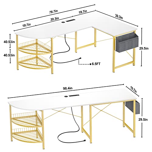 Unikito L Shaped Desk with Power Outlet, 98.4" Reversible Corner Computer Table with Storage Shelves and Bag, Modern 2 Person Large Long Desk for Home Office Writing Study Workstation, White