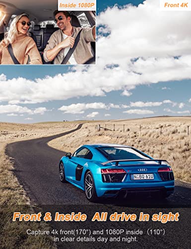 4K Dual Dash Cam, with WiFi GPS, Otovoda Dash Cam Front and Inside, 4K Front/2K Front/1080P Front+1080P Inside, Dual Dash Camera for Cars with Super Night Vision, Parking Monitor, Support 256GB Max