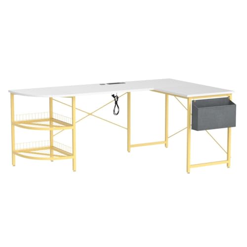 Unikito L Shaped Desk with Power Outlet, 98.4" Reversible Corner Computer Table with Storage Shelves and Bag, Modern 2 Person Large Long Desk for Home Office Writing Study Workstation, White