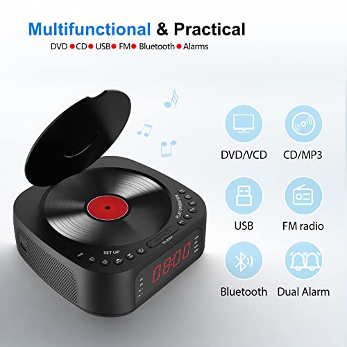 Kuephom CD Players for Home with Alarm Clock,Boombox CD Player with Bluetooth and Radio,DVD Players for TV,USB Ports for Playing and Charging,RCA ouput displaying Video and Picture,with Remote