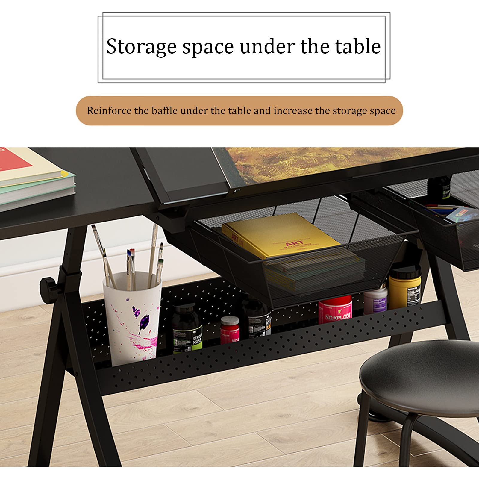 Drawing Table Glass Drafting Table Art with Stool, Height Adjustable Drawing Desk Art Table for Artists, Upgraded Tiltable Tabletop Art Craft Desk Painting Work Station for Reading Writing Drawing bea