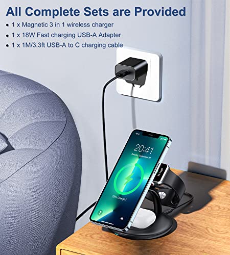 3 in 1 Magnetic Wireless Charging Station for iPhone 14/13/12, 15W Fast Wireless Mag-Safe Charger Stand with QC3.0 Adapter, for iPhone 14 13 12 Pro Max/Pro/Mini,Apple Watch 7/SE/6/5/4/3/2, AirPods Pro