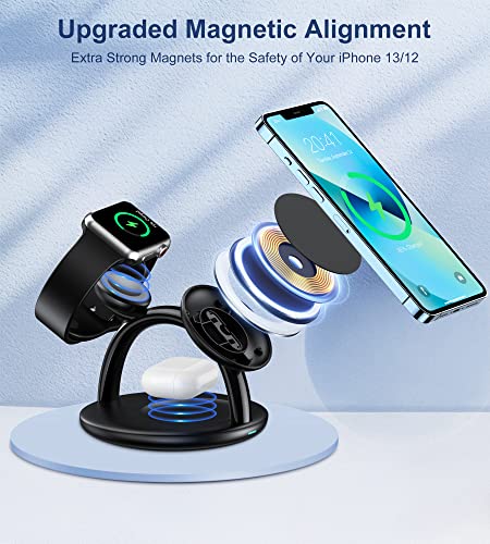 3 in 1 Magnetic Wireless Charging Station for iPhone 14/13/12, 15W Fast Wireless Mag-Safe Charger Stand with QC3.0 Adapter, for iPhone 14 13 12 Pro Max/Pro/Mini,Apple Watch 7/SE/6/5/4/3/2, AirPods Pro