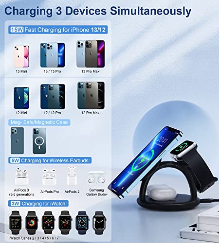 3 in 1 Magnetic Wireless Charging Station for iPhone 14/13/12, 15W Fast Wireless Mag-Safe Charger Stand with QC3.0 Adapter, for iPhone 14 13 12 Pro Max/Pro/Mini,Apple Watch 7/SE/6/5/4/3/2, AirPods Pro