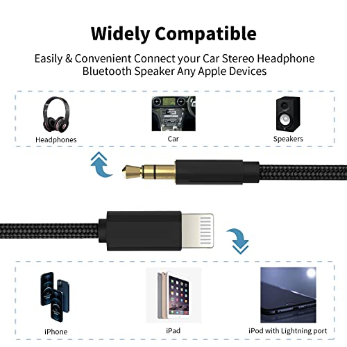Aux Cord for iPhone,[Apple MFi Certified] Lightning to 3.5mm AUX Cable for Car Stereo, Headphone, Auxiliary Cable Compatible with iPhone 14 13 12 11 XS XR X 8 7 6 Nylon Braid Black 3.3FT