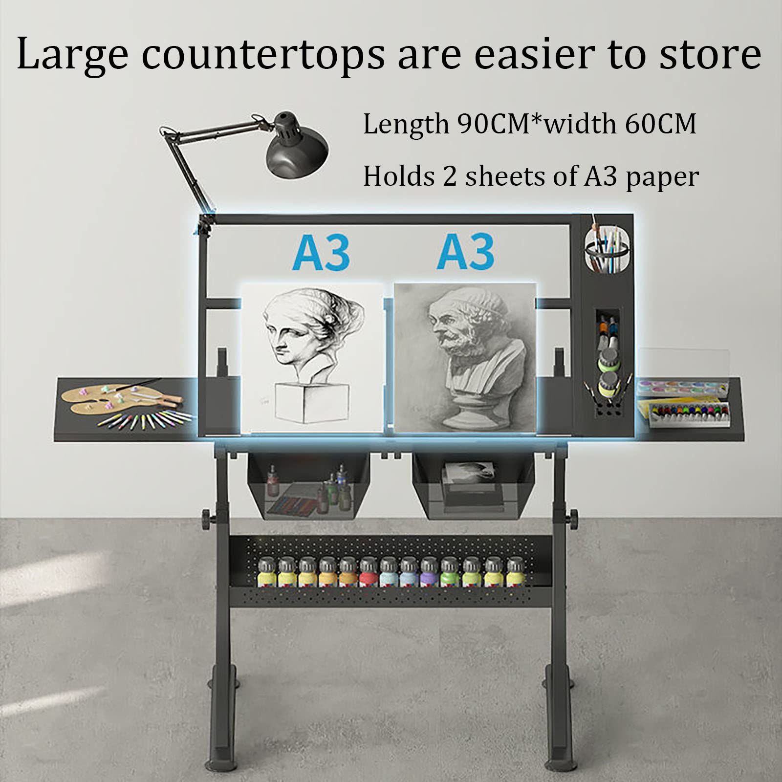EESHHA Drawing Table Drafting Table Art/Adjustable Glass Drawing Table with 2 Drawers, Art Desk Art Table with Storage, Student Desk Study Desk for Drawing, Painting, Writing and Studying