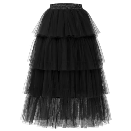 Timormode Women's Maxi Ruffle Tulle Layered Skirt A-Line Elastic Waist Swing Tiered Casual Long Skirt for Women Black XL