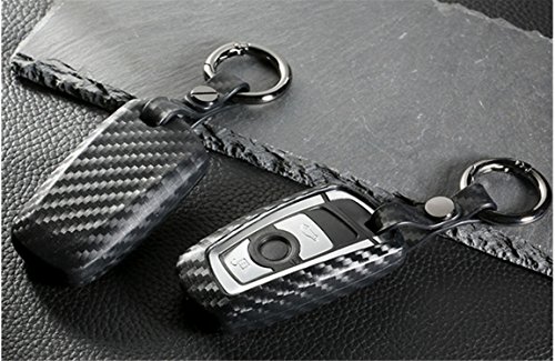 M.JVisun Soft Silicone Rubber Carbon Fiber Texture Cover Protector for BMW Key Fob, Car Remote Key Fob Case for BMW 1-Series 2 3 4 5 6 7 Series X3 X4 M2 M3 M4 M5 M6 - Black - Round Keychain