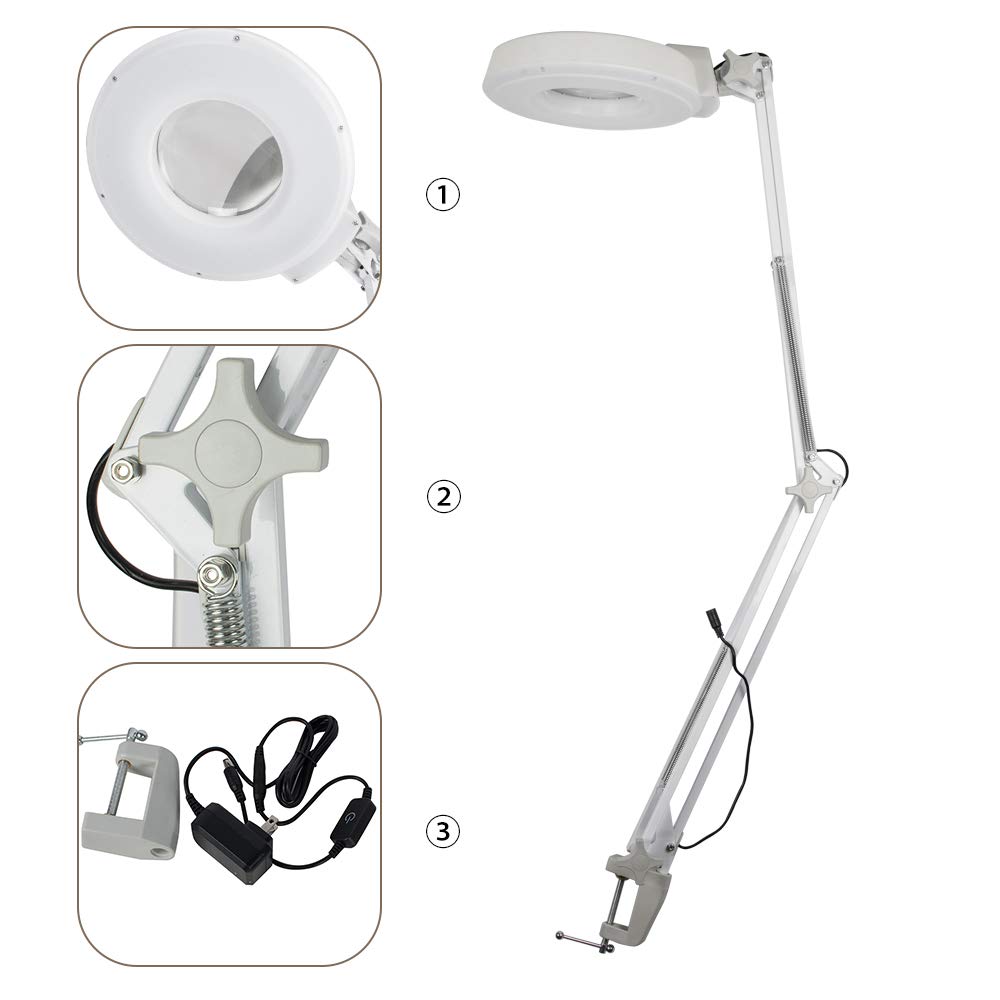 10X Desk Table Clamp Mount Magnifier, Carejoy LED Lamp Light Magnifying Glass Lens Diopter for Workbench, Drafting, Work Light (White Glass)