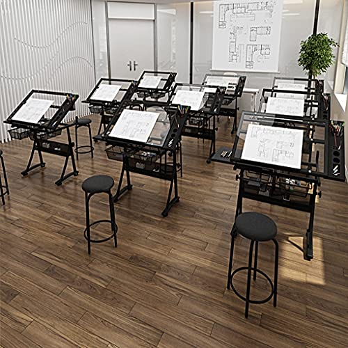 EESHHA Drawing Table Adjustable Glass Drafting Table,Versatile Art Study Table,with Storage Drawers,Art Studio Design Sketching Painting Work Station
