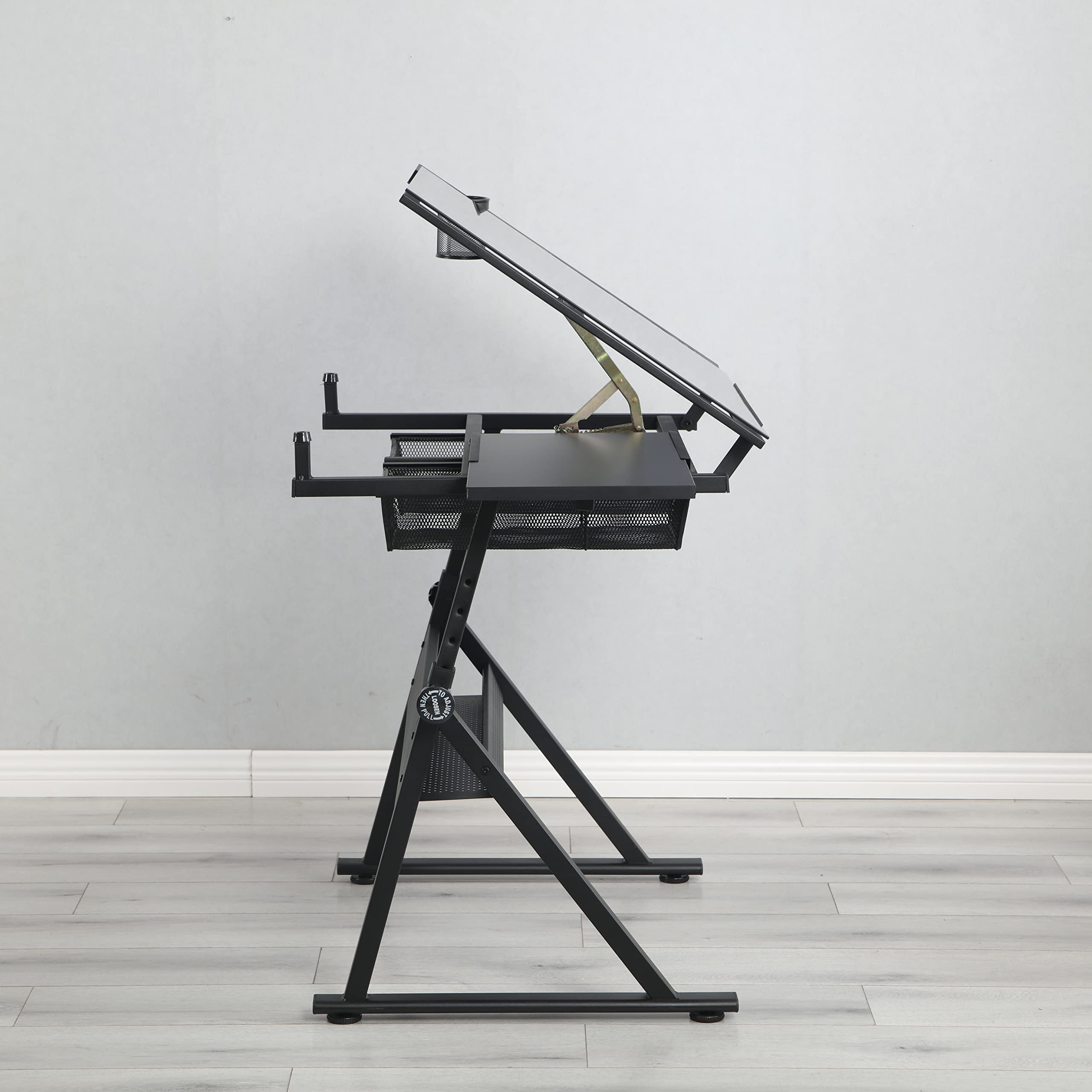 LKKRO Black Adjustable Tempered Glass Drafting Printing Table with Chair