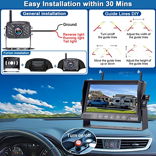 Rohent RV Backup Camera Wireless HD 1080P Waterproof Dual Antennas Digital Signals Rear View System for Trailers Trucks Motorhomes 4 Channels 7'' Touch Key DVR Monitoring Night Vision R12