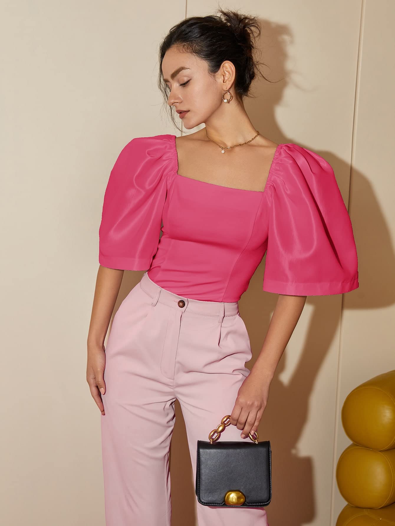 Floerns Women's Square Neck Puff Short Sleeve Elegant Blouse Crop Top Pink M