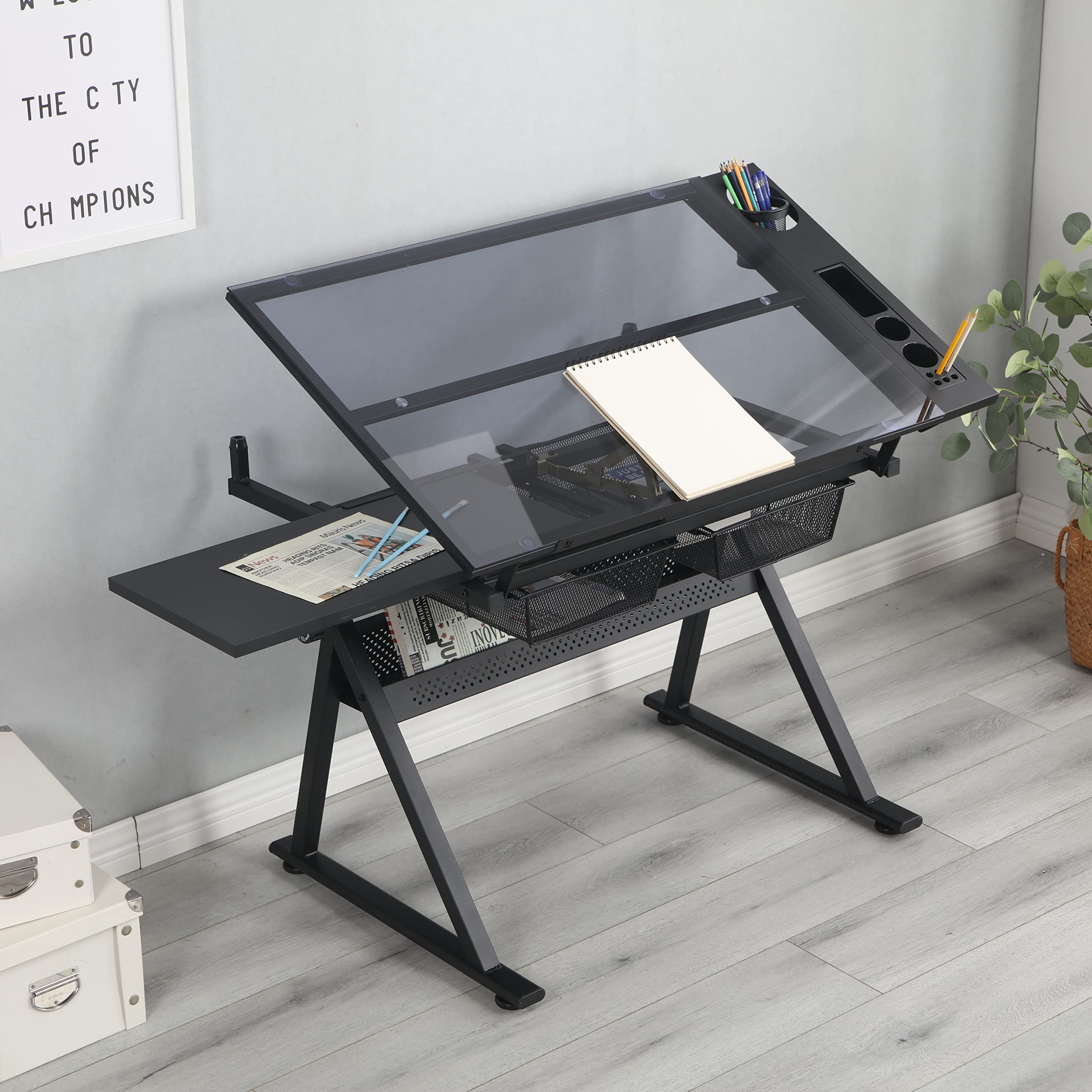 LKKRO Black Adjustable Tempered Glass Drafting Printing Table with Chair
