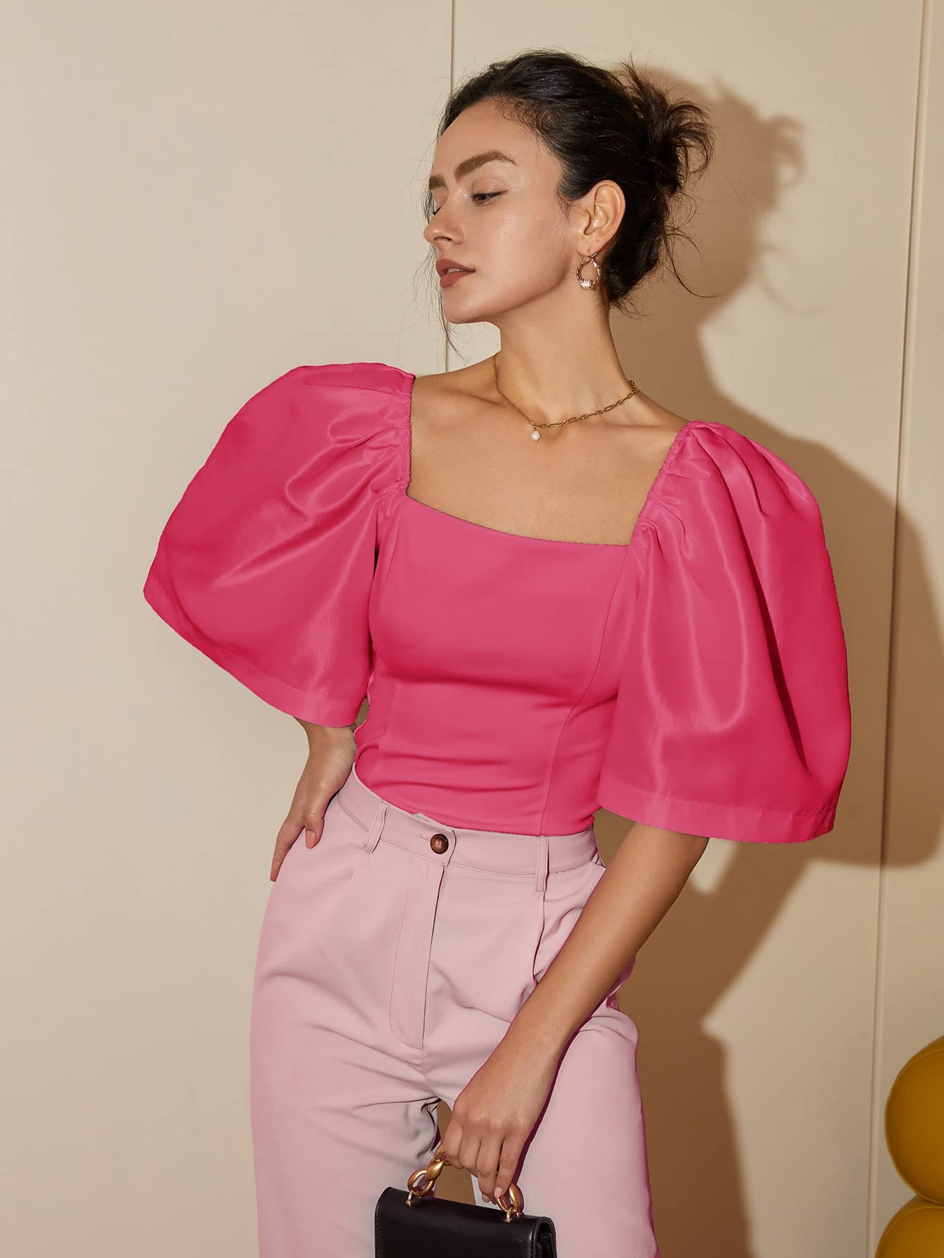Floerns Women's Square Neck Puff Short Sleeve Elegant Blouse Crop Top Pink M