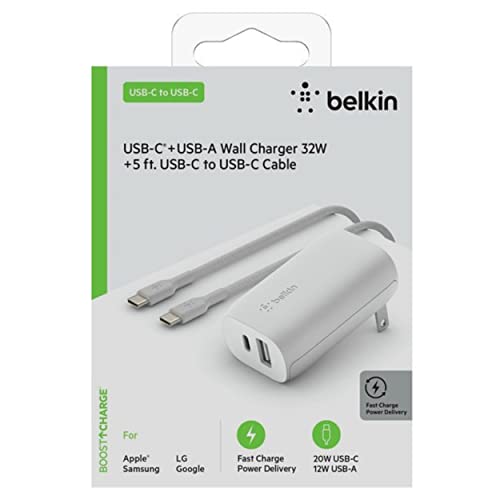 Belkin USB C Wall Charger 32W C to C Cable Included PD with 20W USB C & 12W USB A Ports for USB-C Power Delivery
