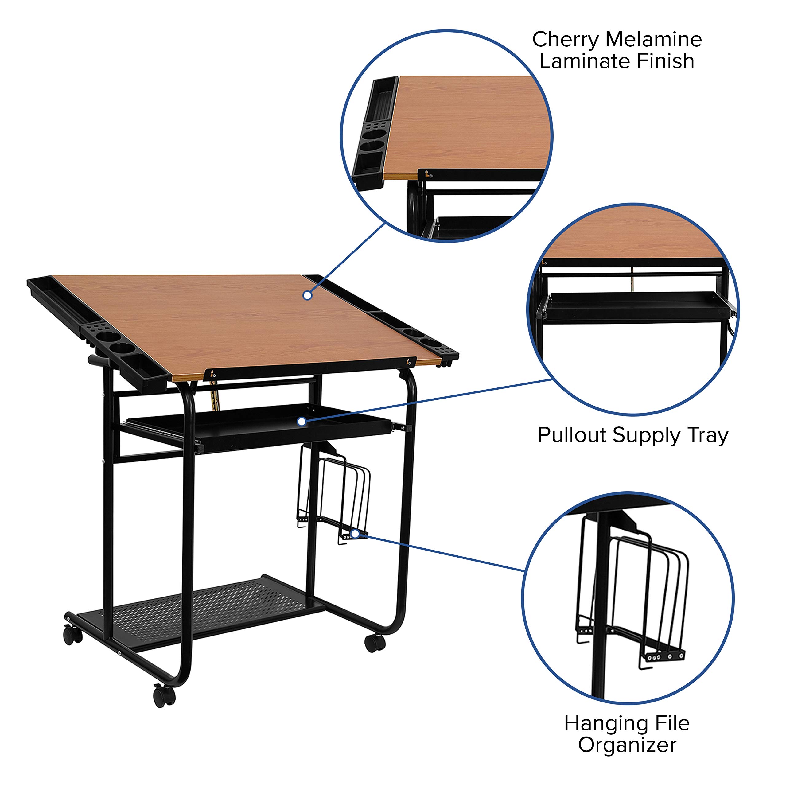 BizChair Adjustable Drawing and Drafting Table with Dual Wheel Casters