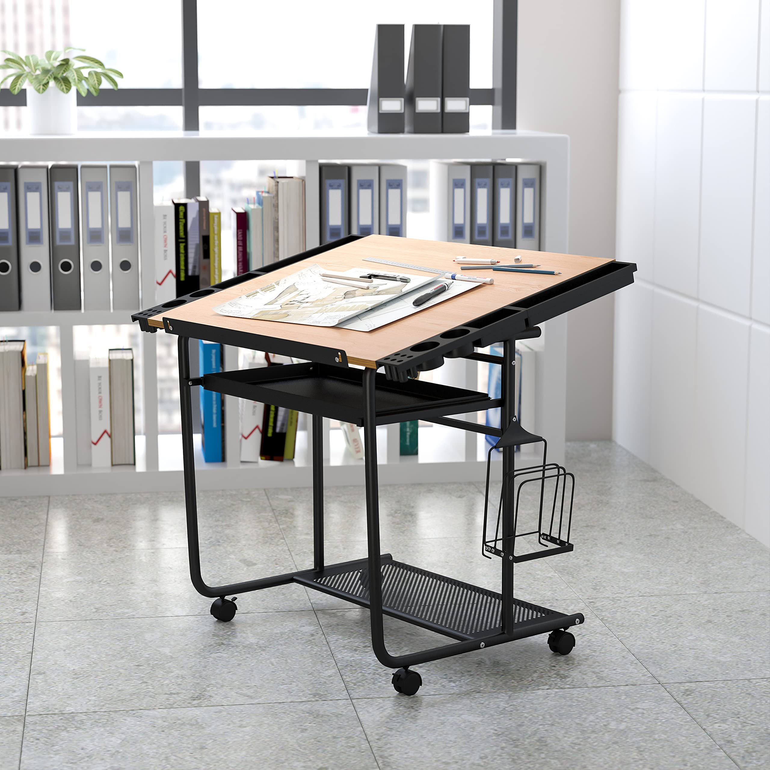 BizChair Adjustable Drawing and Drafting Table with Dual Wheel Casters